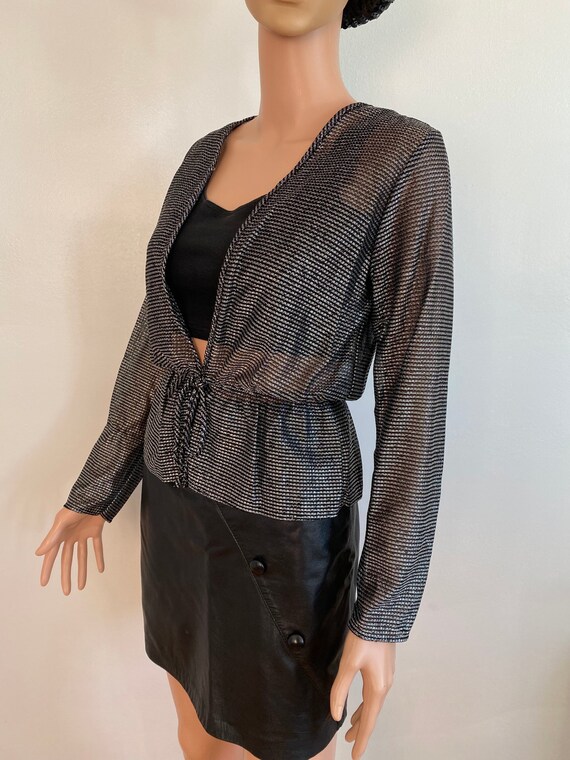 70’s Sheer Silver Metallic and Black Peplum Tie-At-Wa… - Gem