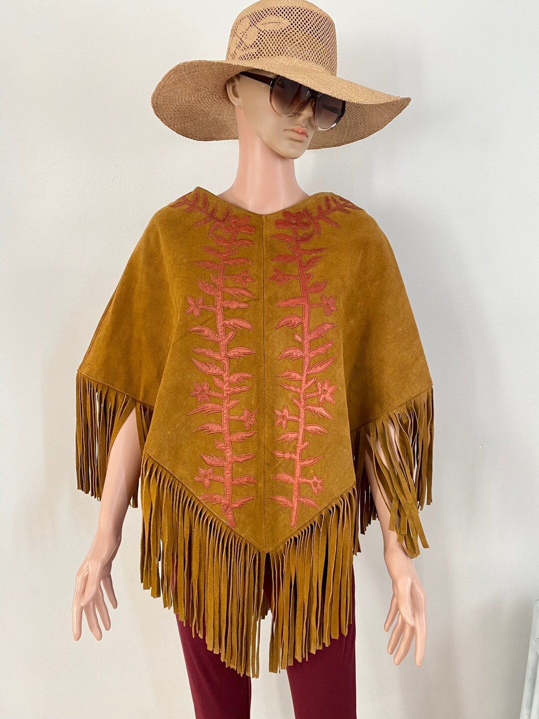 60s/70s Western Hippie Brown Leather Fringe Poncho With Red Leather ...