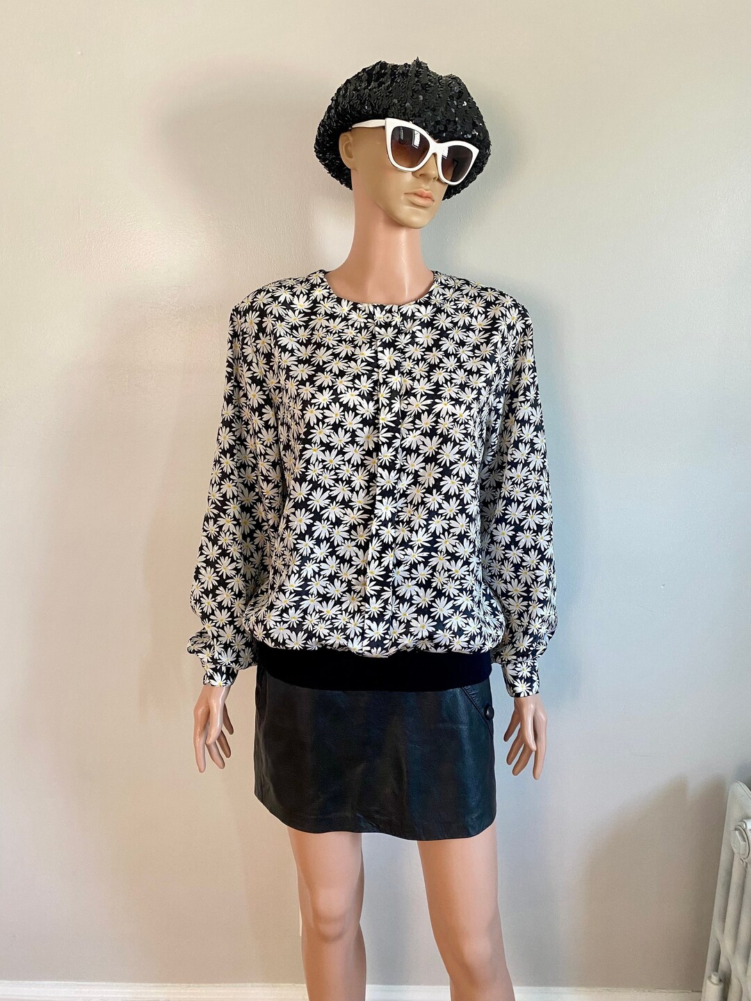 80s Satin Daisy Print Bomber Style Blouse Size M - Etsy