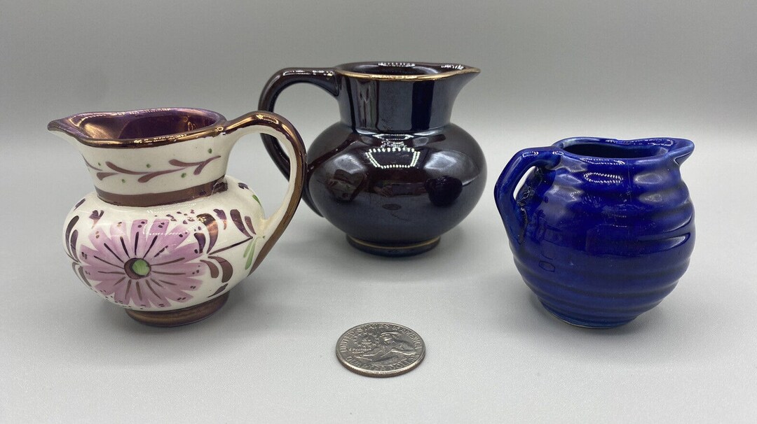 Set of Three Mini Pitchers Small England Pink Daisy Brown Glazed Blue ...