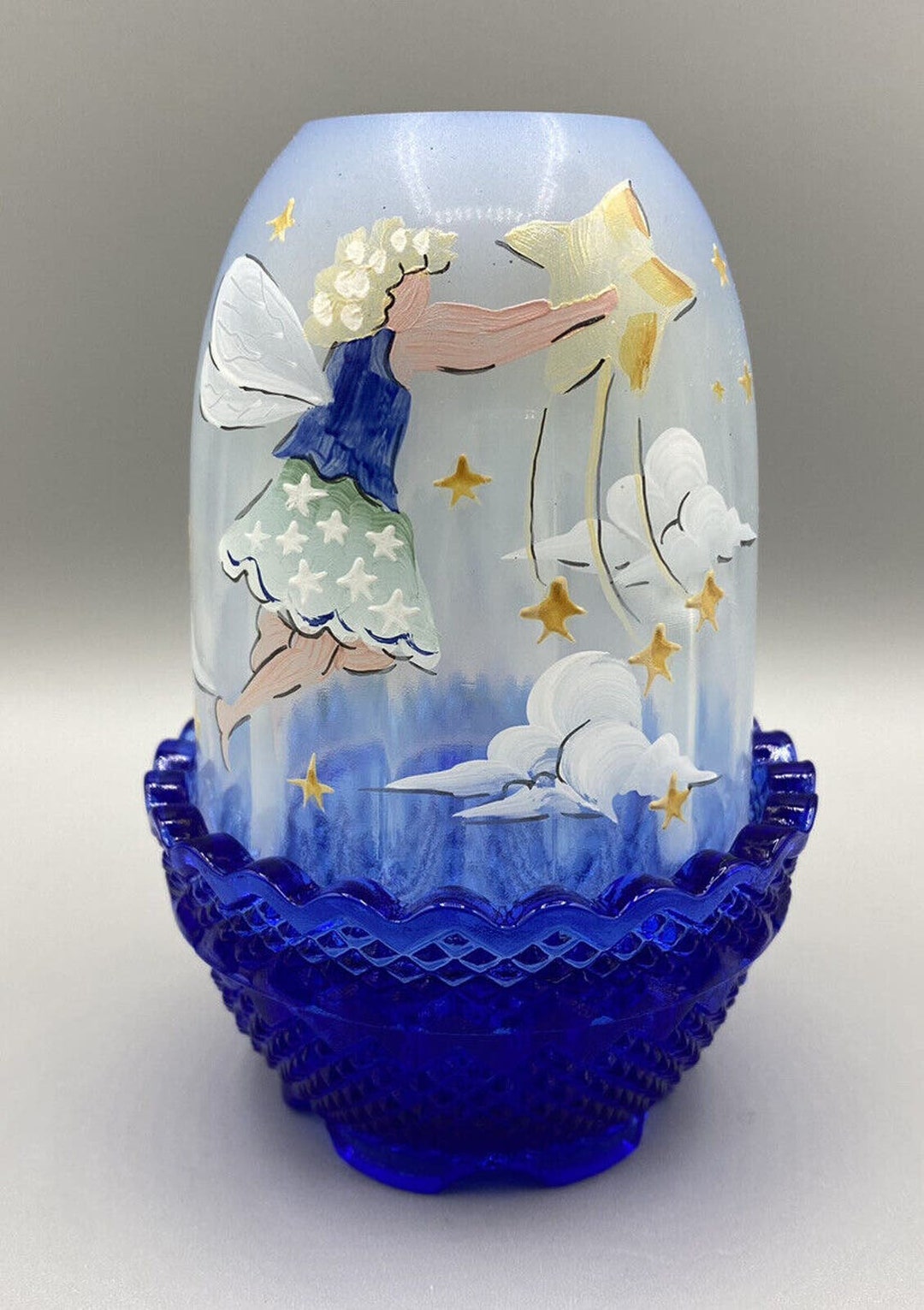 Fenton Shooting Star Fairy Lamp Light Hand Painted Signed Cobalt Blue ...