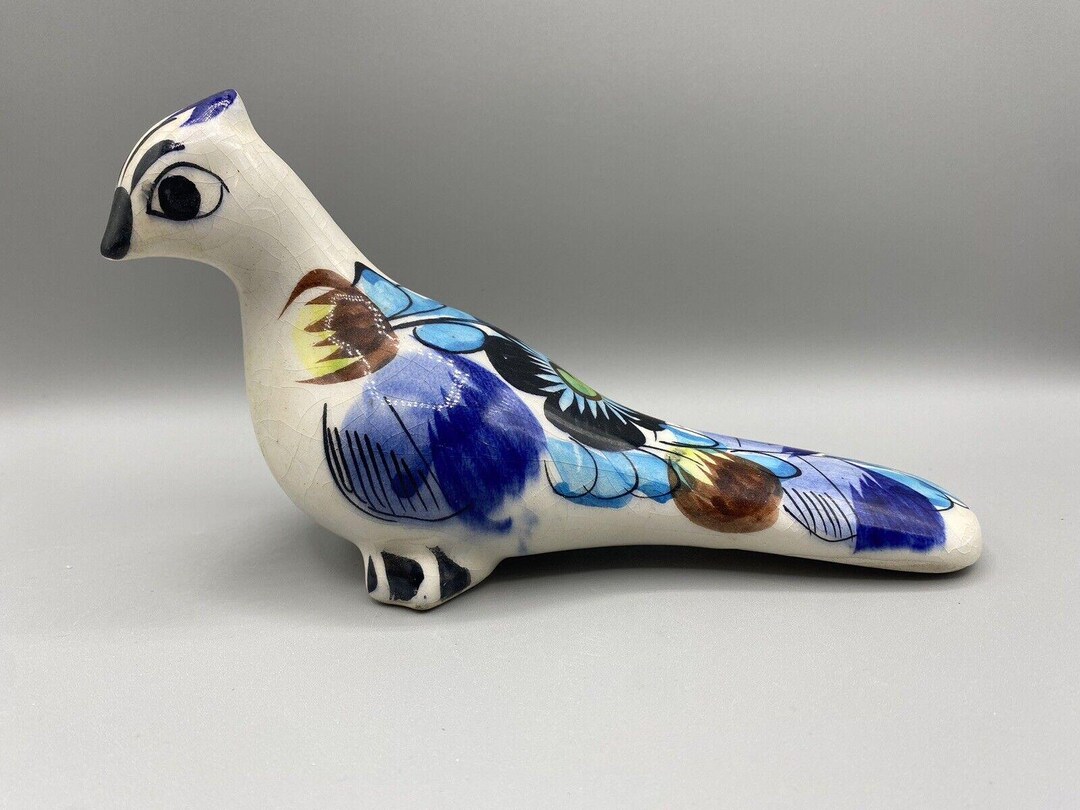 Vintage Mexican Tonala Folk Art Hand Painted Pottery Bird Blue Brown ...