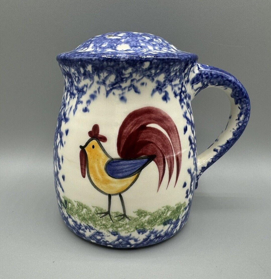 Molly Dallas Rooster Spatterware Parmesan Shaker Blue and White Pottery ...