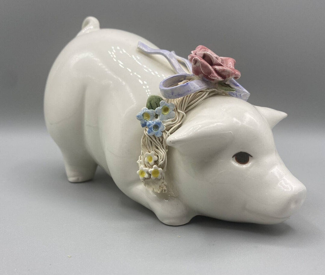 Vintage Ceramic Pig Figurine With Ribbons Roses Flowers - Etsy