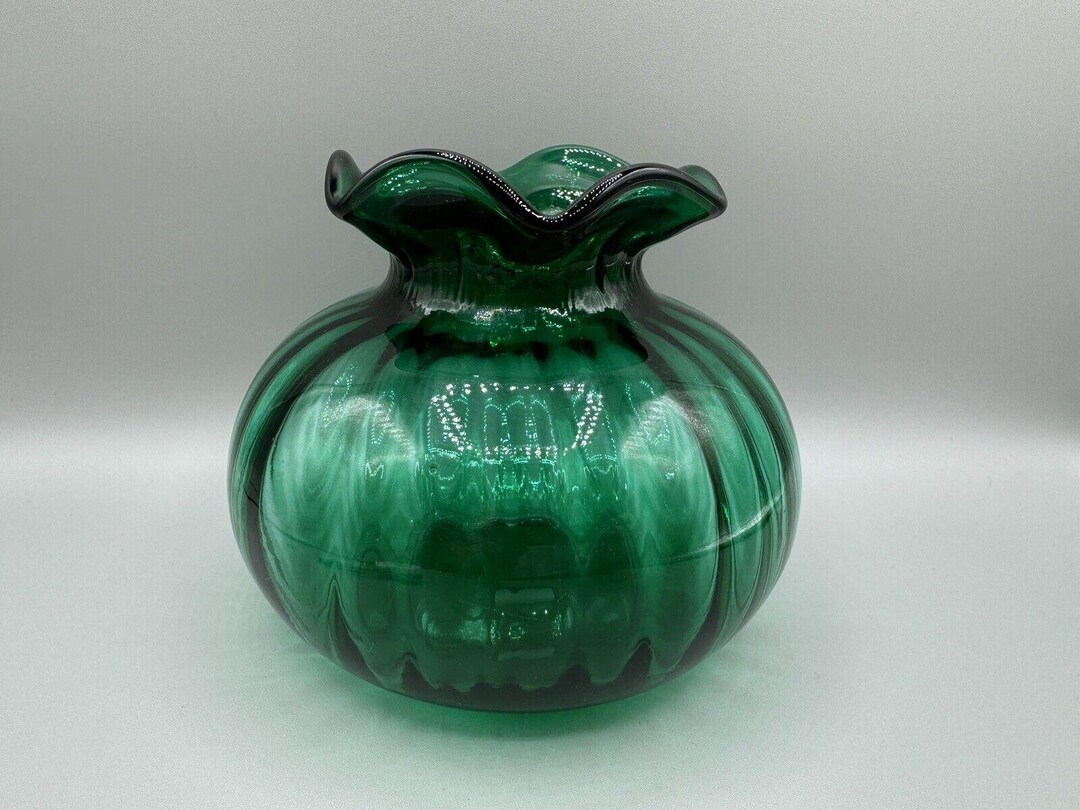 Vintage Optic Glass Vase Teal Squat Melon Green Ruffled Pumpkin Shaped ...