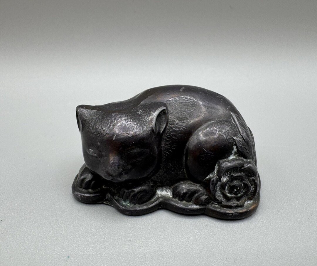 Sleeping Cat Nikko Figurine Statue With Peony Flower Japan Metal ...