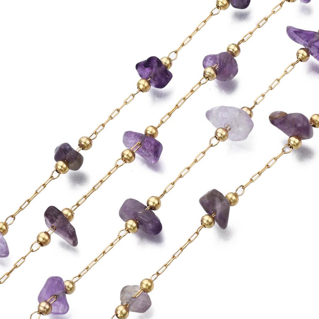 Amethyst Beaded Chain Stainless Steel Gold Rosary Beads Making Amethyst ...