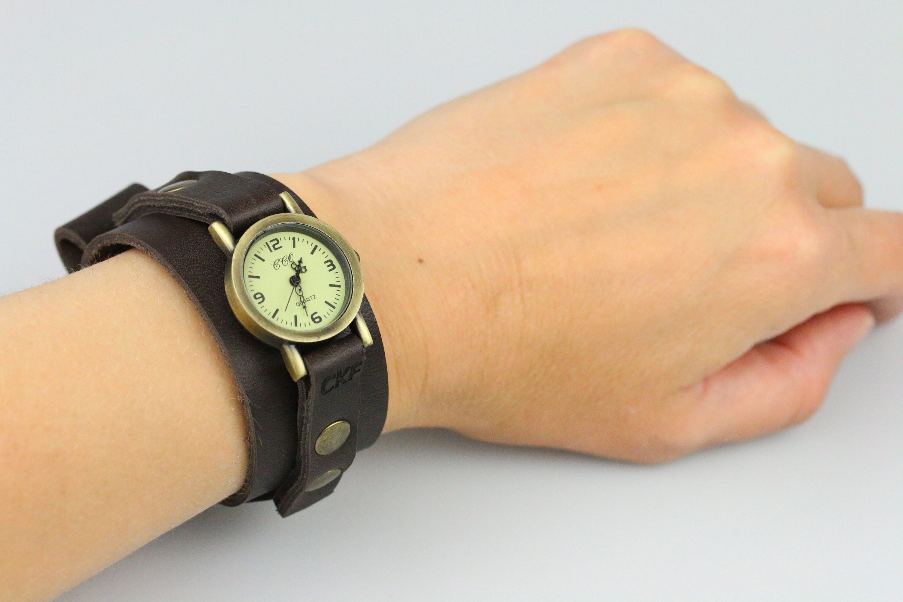 Retro Leather Cuff Watch Antique Bronze Leather Bracelet Watch | Etsy ...