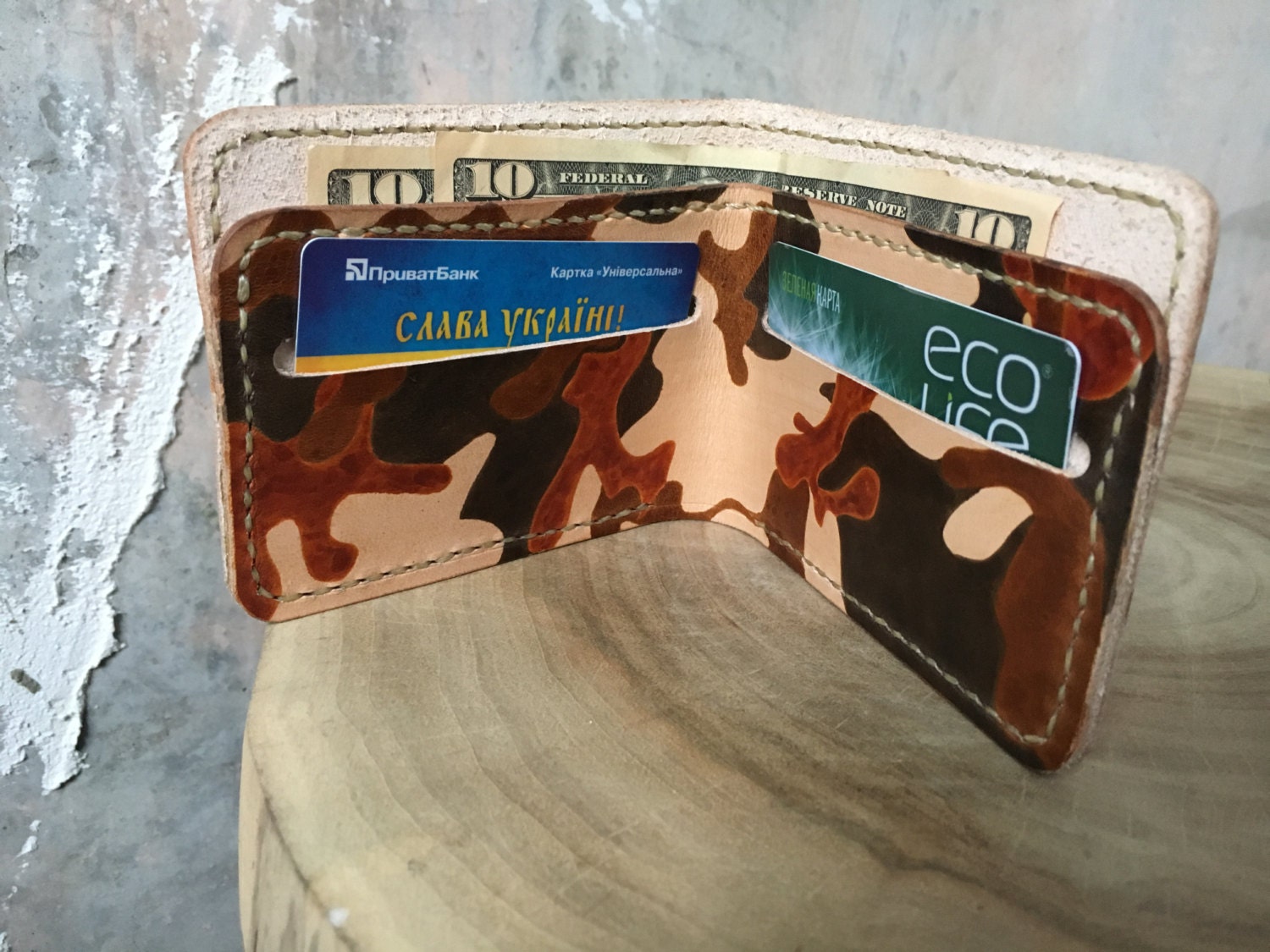 Camouflage Leather Wallet Bifold Camo Wallet Handmade Brown - Etsy