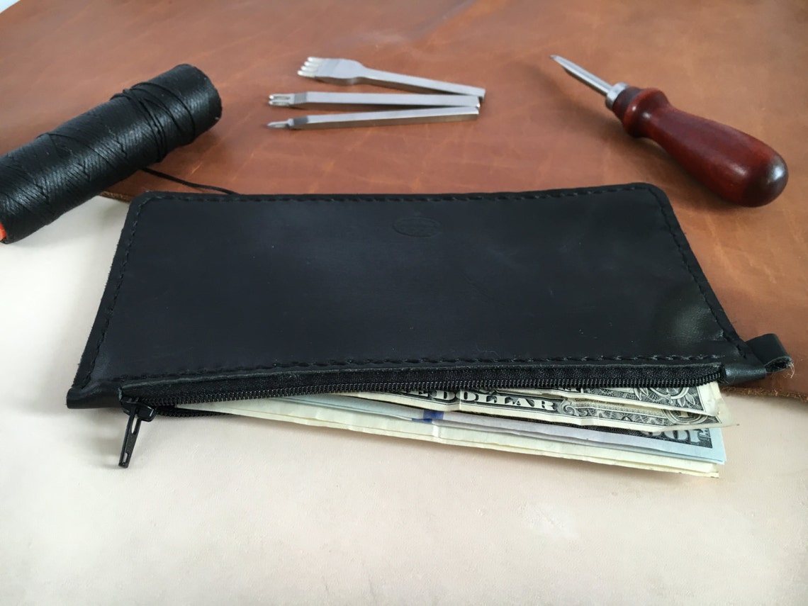 Black Zipper Pouch Woman Leather Pouch Slim Leather Wallet for | Etsy