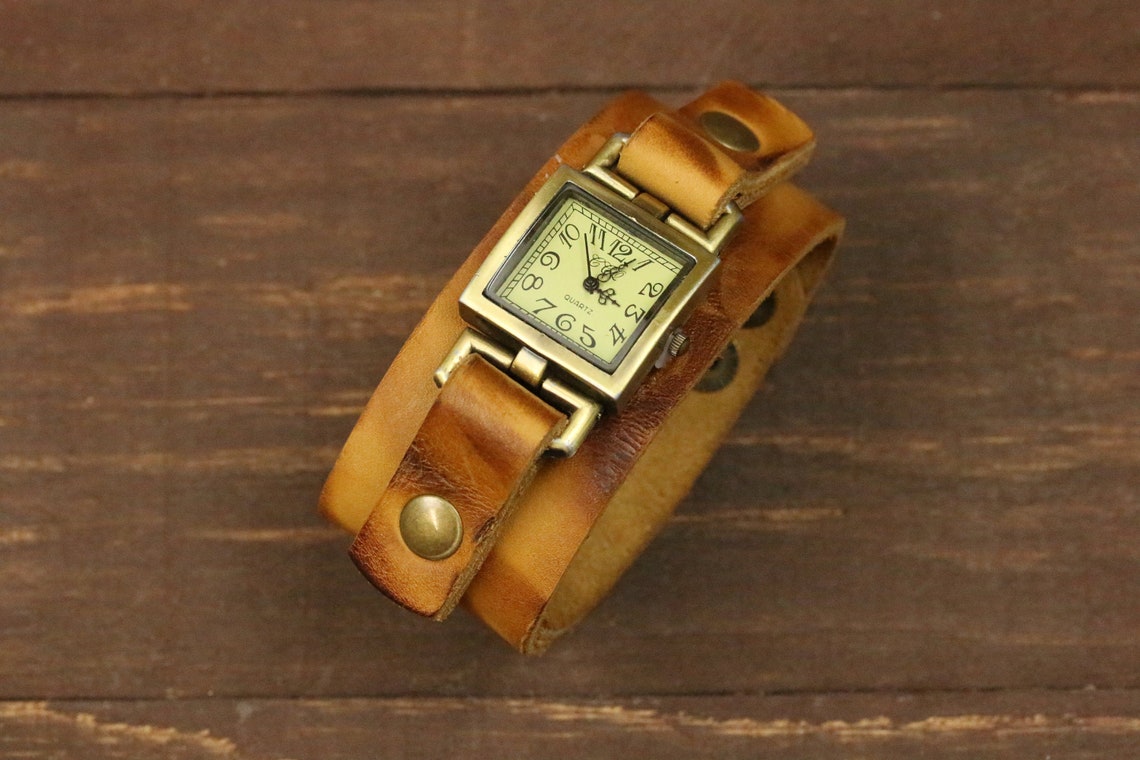 Brown Retro Leather Cuff Square Watch Antique Bronze Leather - Etsy