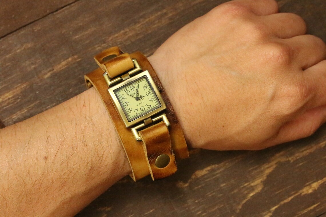 Brown Retro Leather Cuff Square Watch Antique Bronze Leather - Etsy
