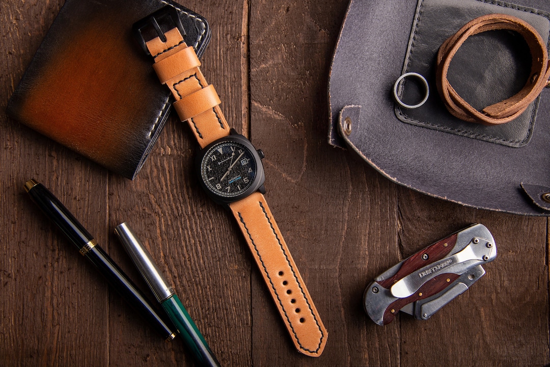 Natural Tan Leather Watch Band With Black PVD Buckle and Double Loop ...