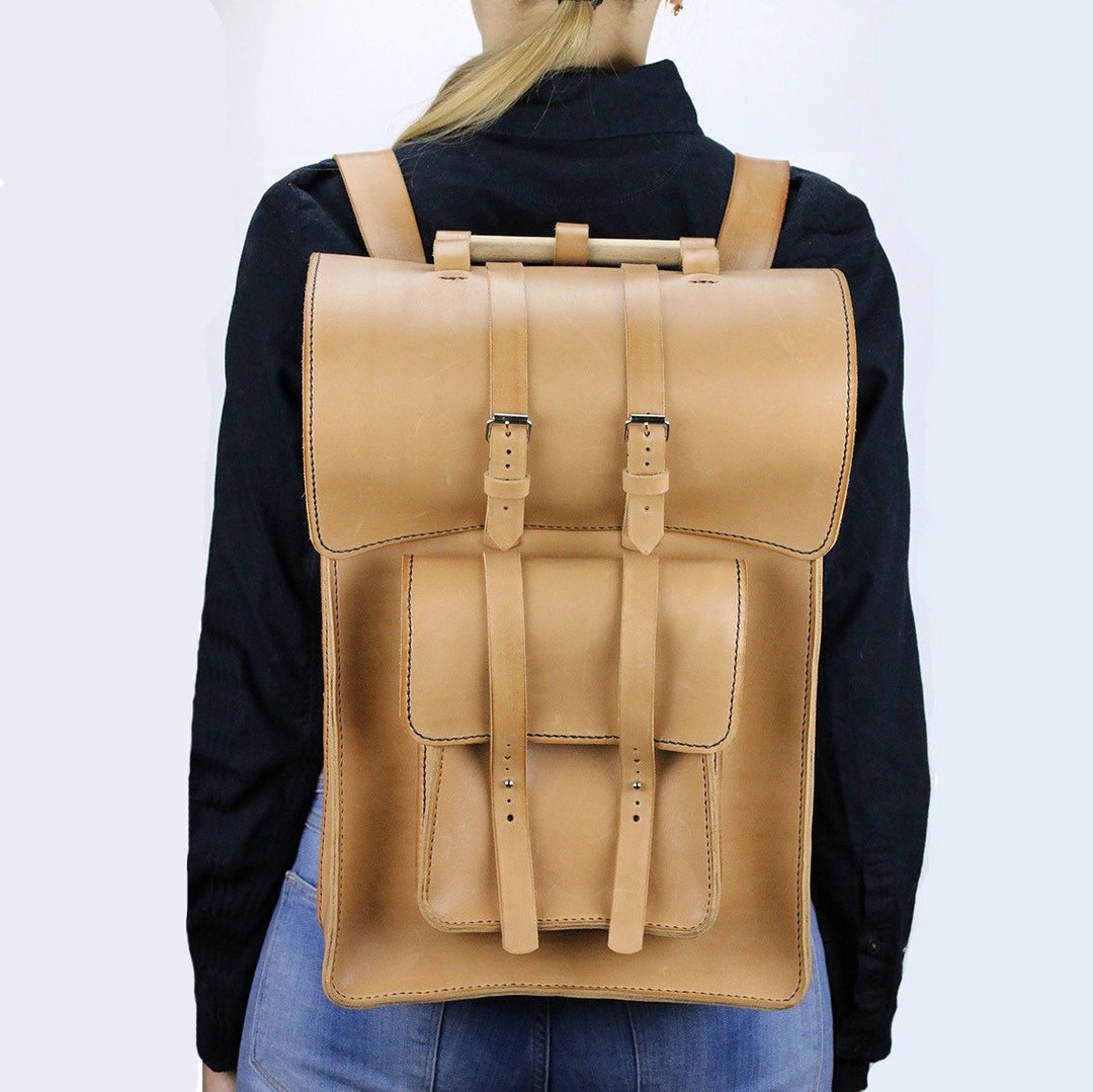 Leather Backpack Women Beige Leather Rucksack Laptop Backpack Hand ...
