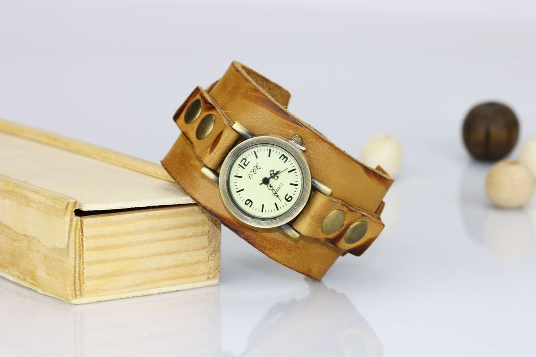 Beige Leather Cuff Watch Distressed Leather Wrist Watch Women Vintage ...