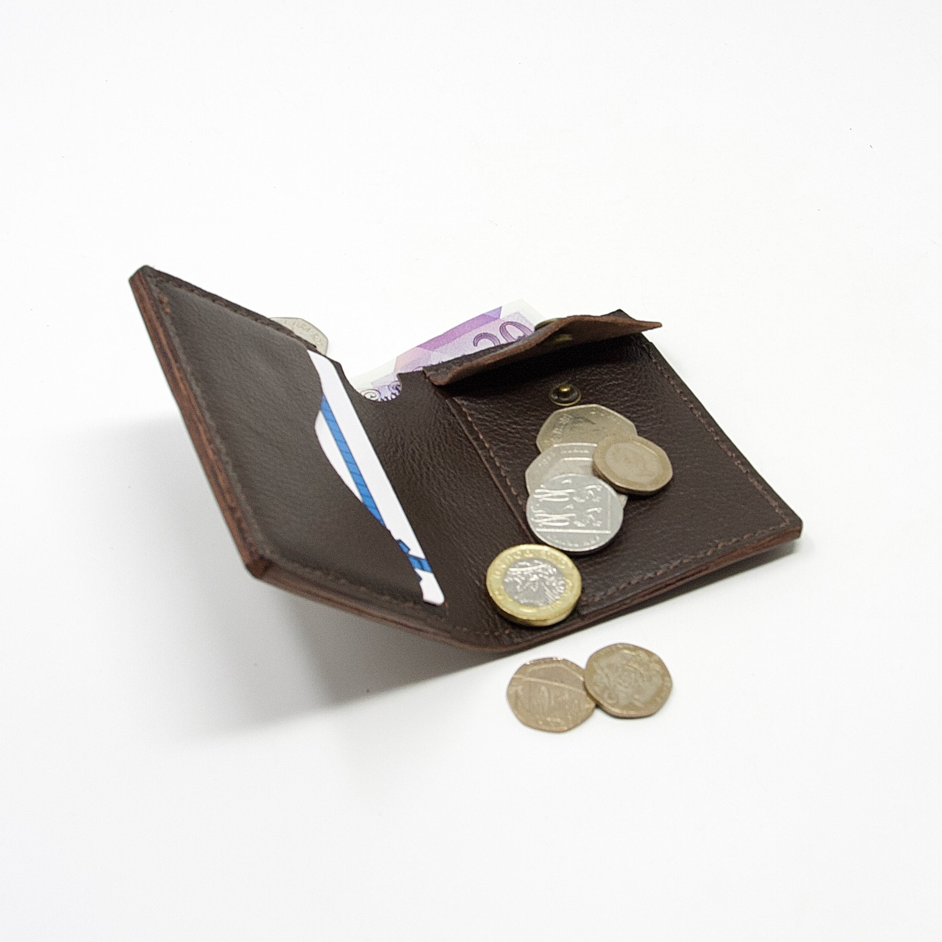 Brown Leather Bifold Wallet With Coin Pocket and Two Card Pockets; Hand ...
