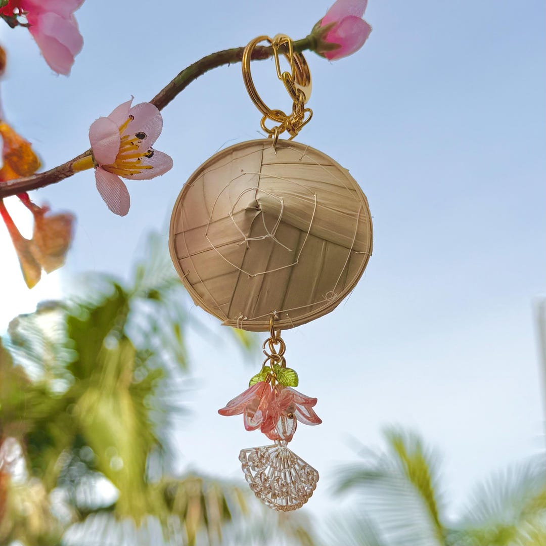 Whimsical Rice Hat Keychain | Pink Flower & Crystal Charm - Etsy