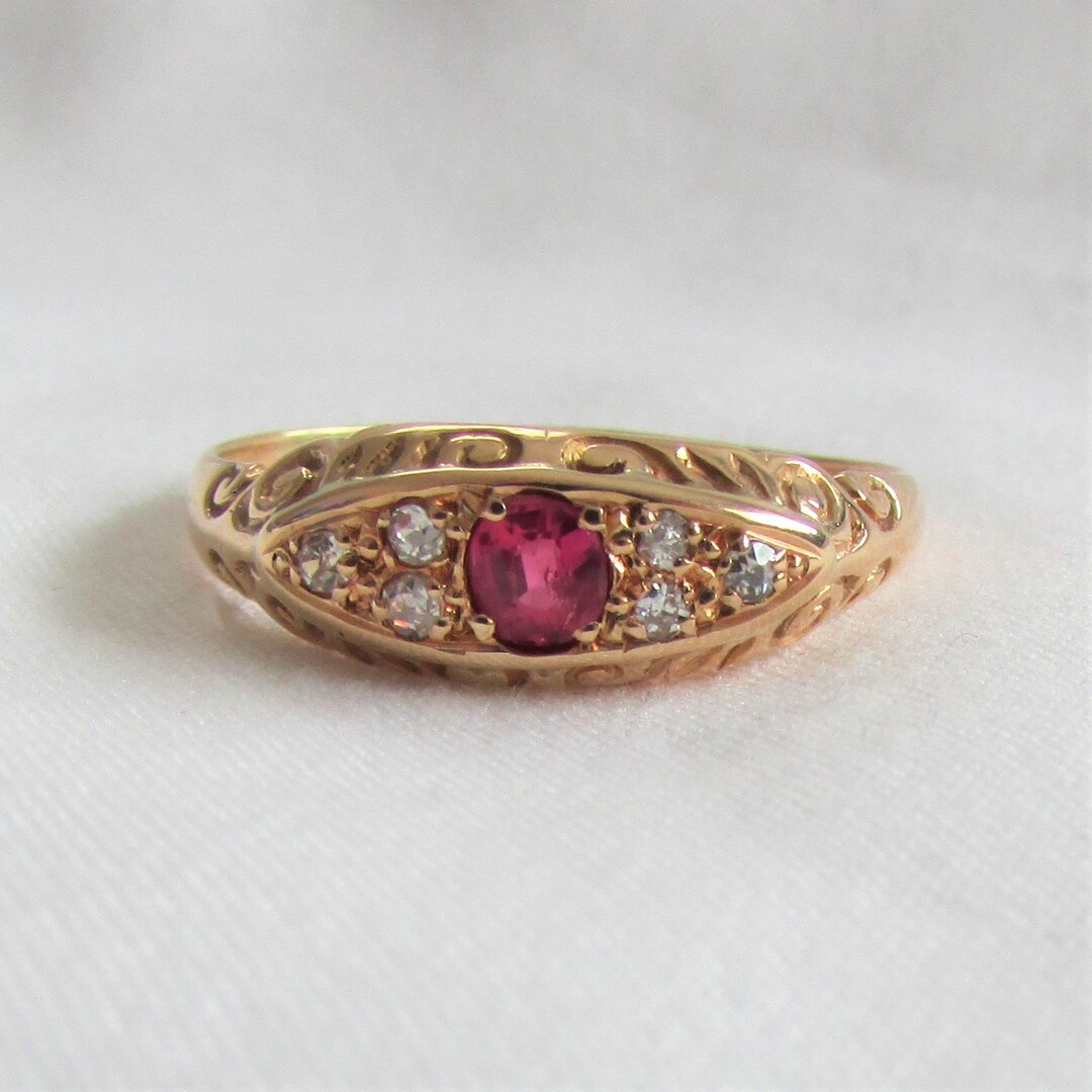 Ruby and Diamond Engraved Band Ring English Origin, Gorgeous - Etsy