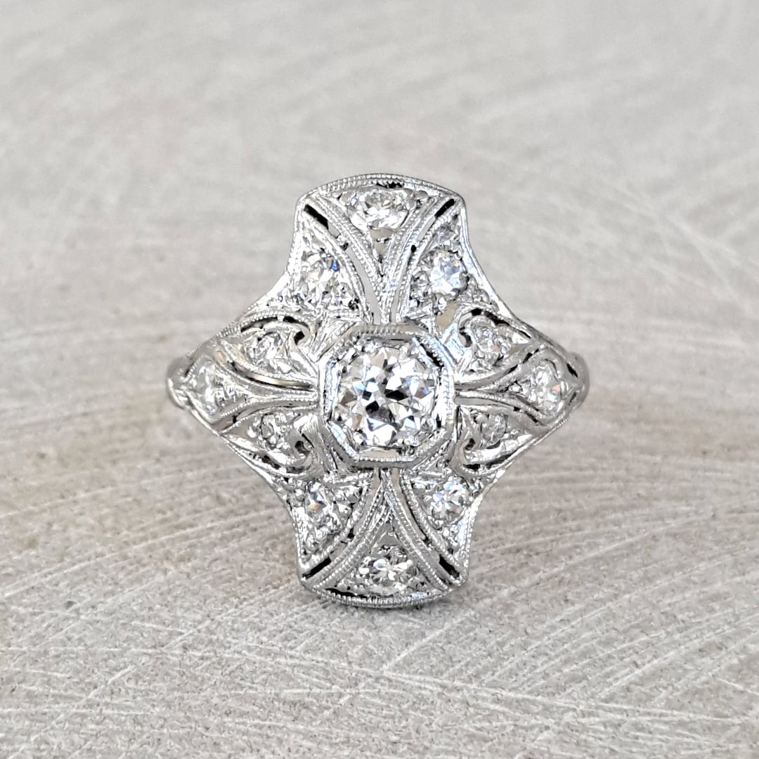 Platinum Art Deco Diamond Cluster Ring: .93 CTW, Cocktail Dinner Ring ...