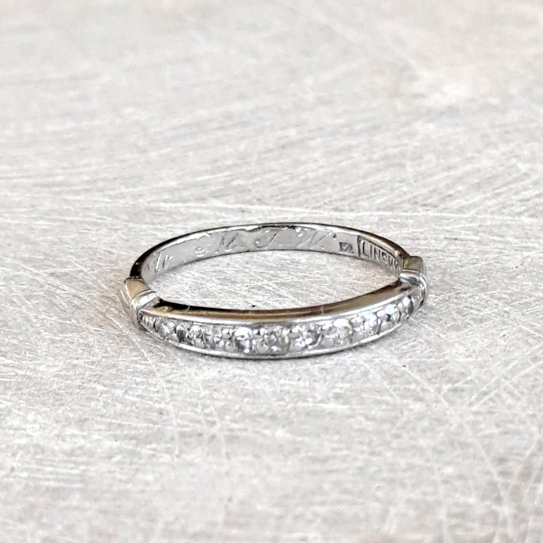 PLATINUM Antique Diamond Wedding Band, 10 Round Brilliant Stones ...