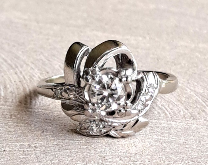 Vintage Mid Century Diamond Right Hand Ring in 14K White Gold With ...
