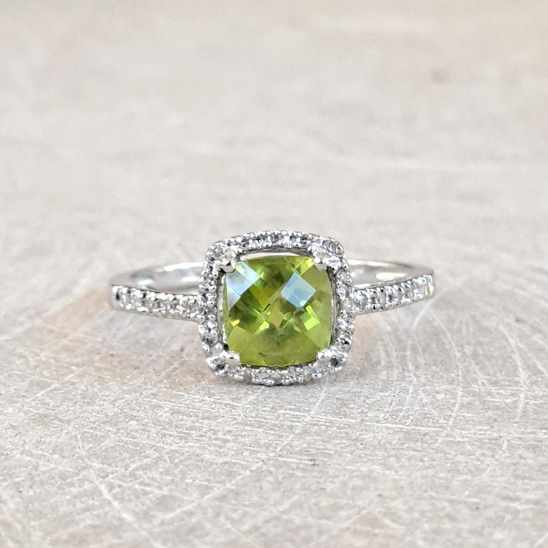 Peridot Engagement Ring or Right Hand Ring, 14K White Gold, August ...