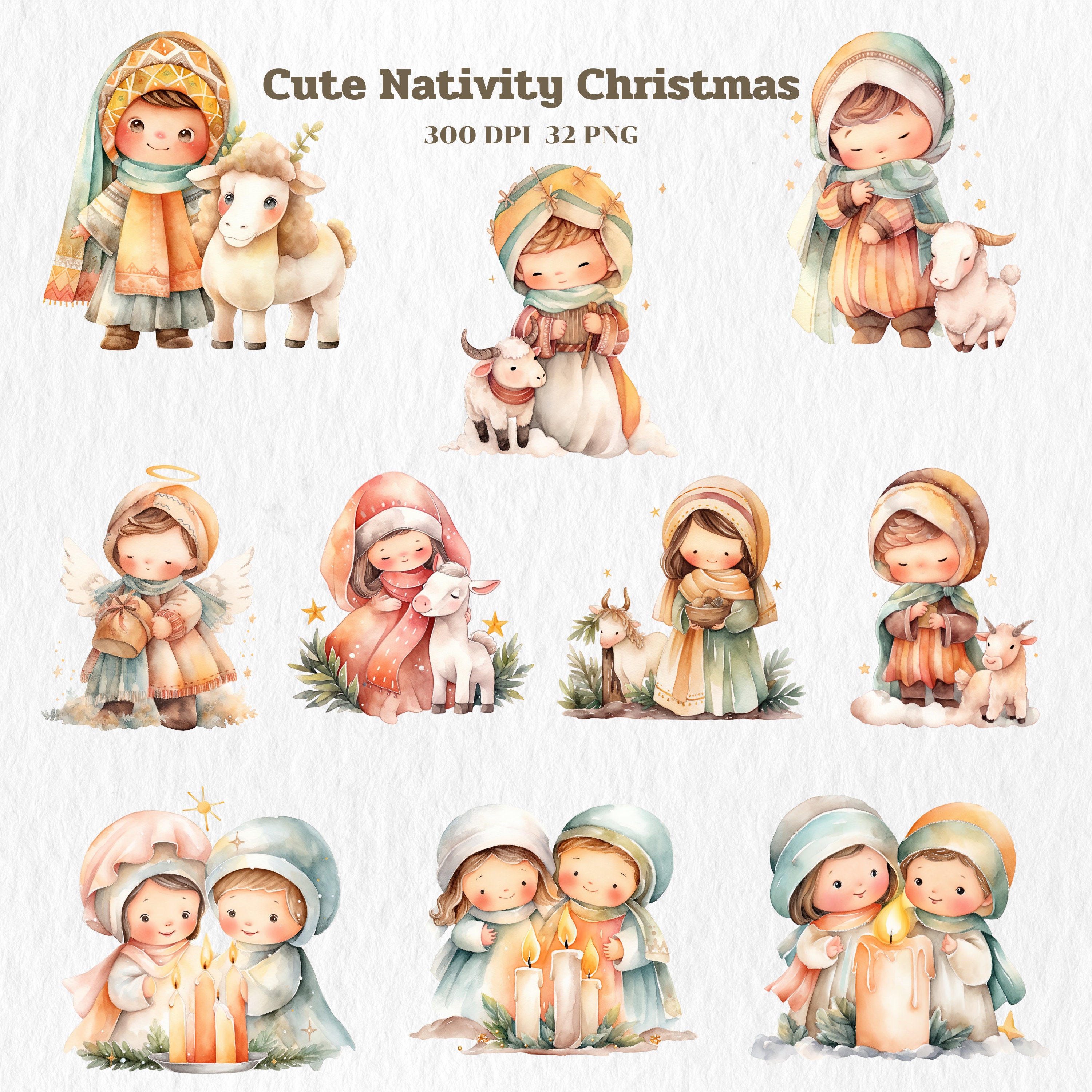 Cute Nativity Christian Christmas Clipart,watercolor Nativity Scene ...