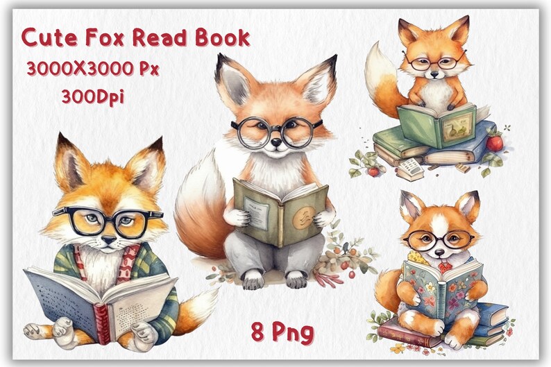 Cute Fox Read Book Clipart,fox Watercolor Clipart, Watercolor ...