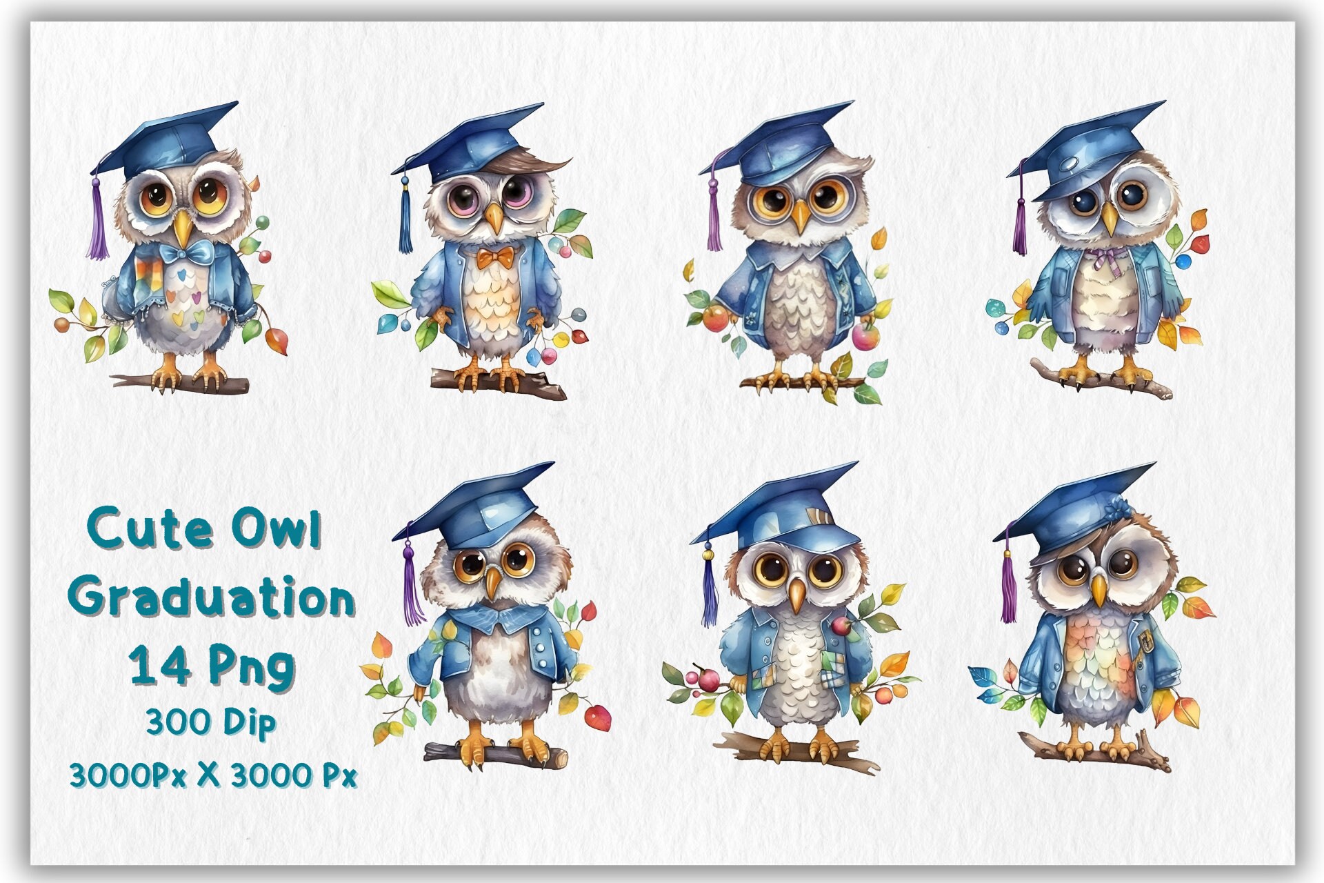 Cute Owl Graduation Watercolorclipart, Sublimation Watercolor, Owl ...