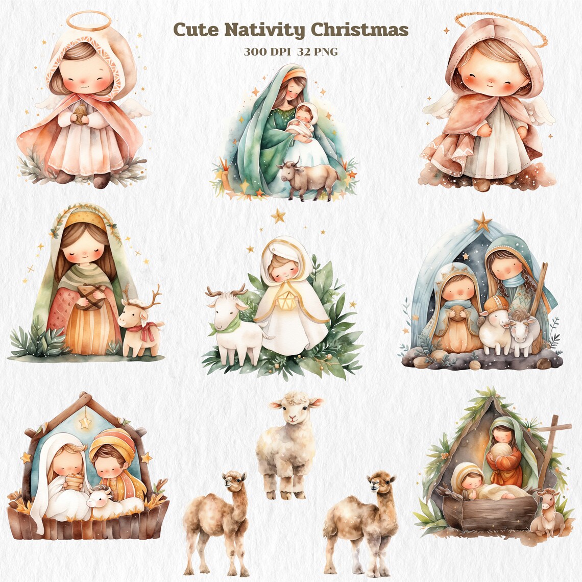 Cute Nativity Christian Christmas Clipart,watercolor Nativity Scene ...