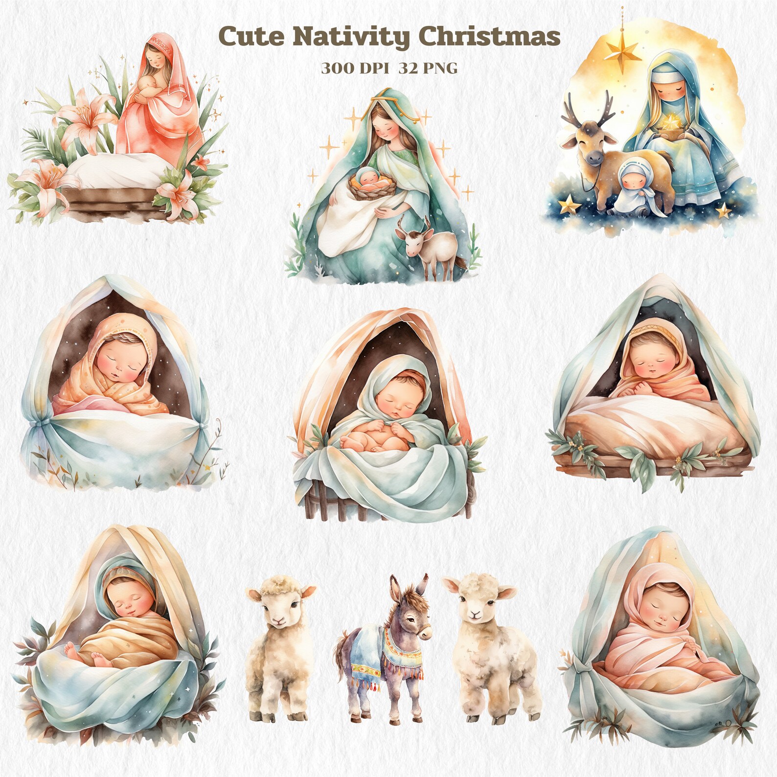Cute Nativity Christian Christmas Clipart,watercolor Nativity Scene ...