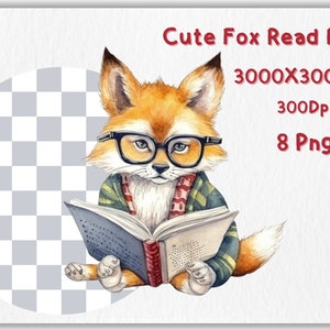 Cute Fox Read Book Clipart,fox Watercolor Clipart, Watercolor ...