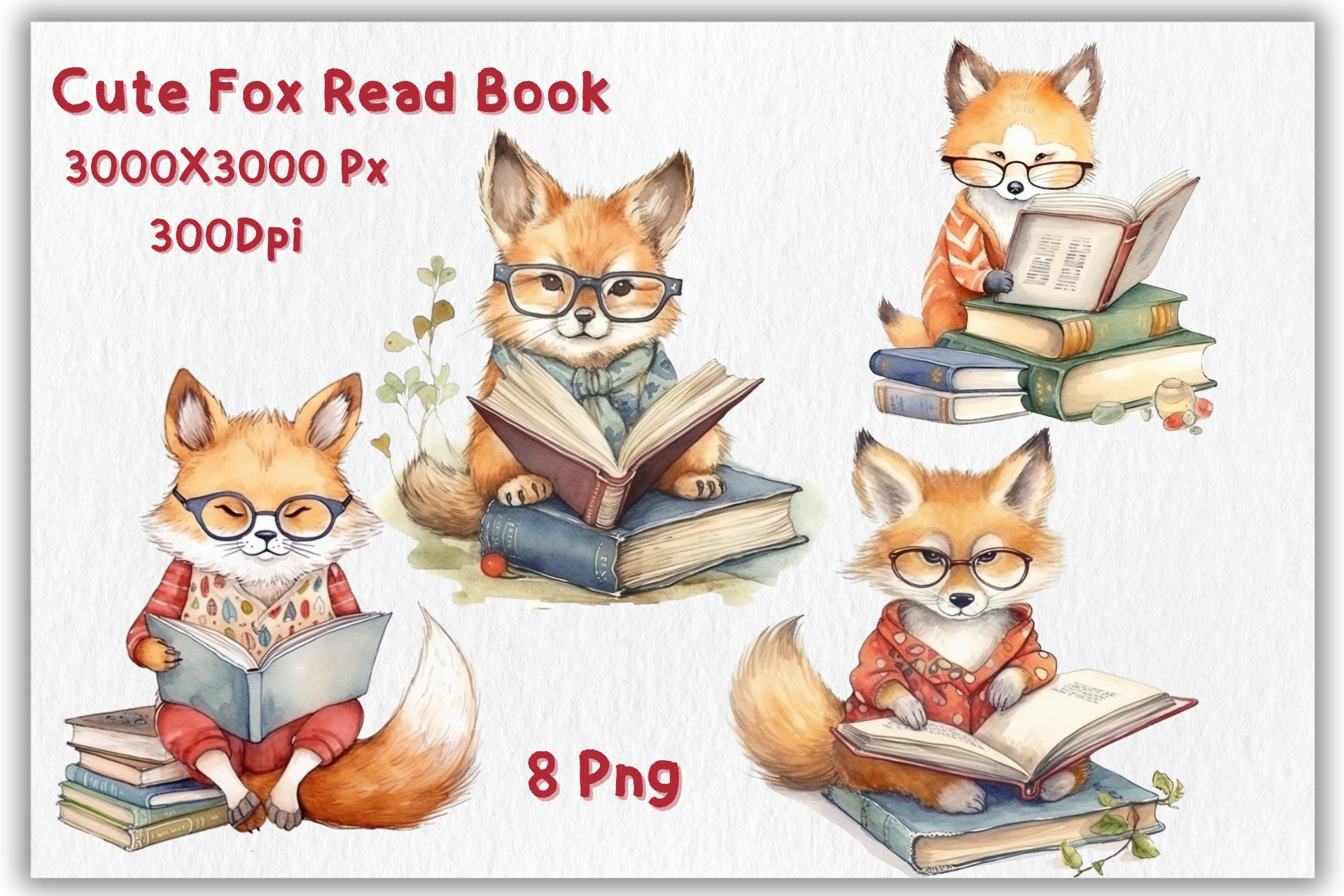 Cute Fox Read Book Clipartfox Watercolor Clipart Watercolor - Etsy