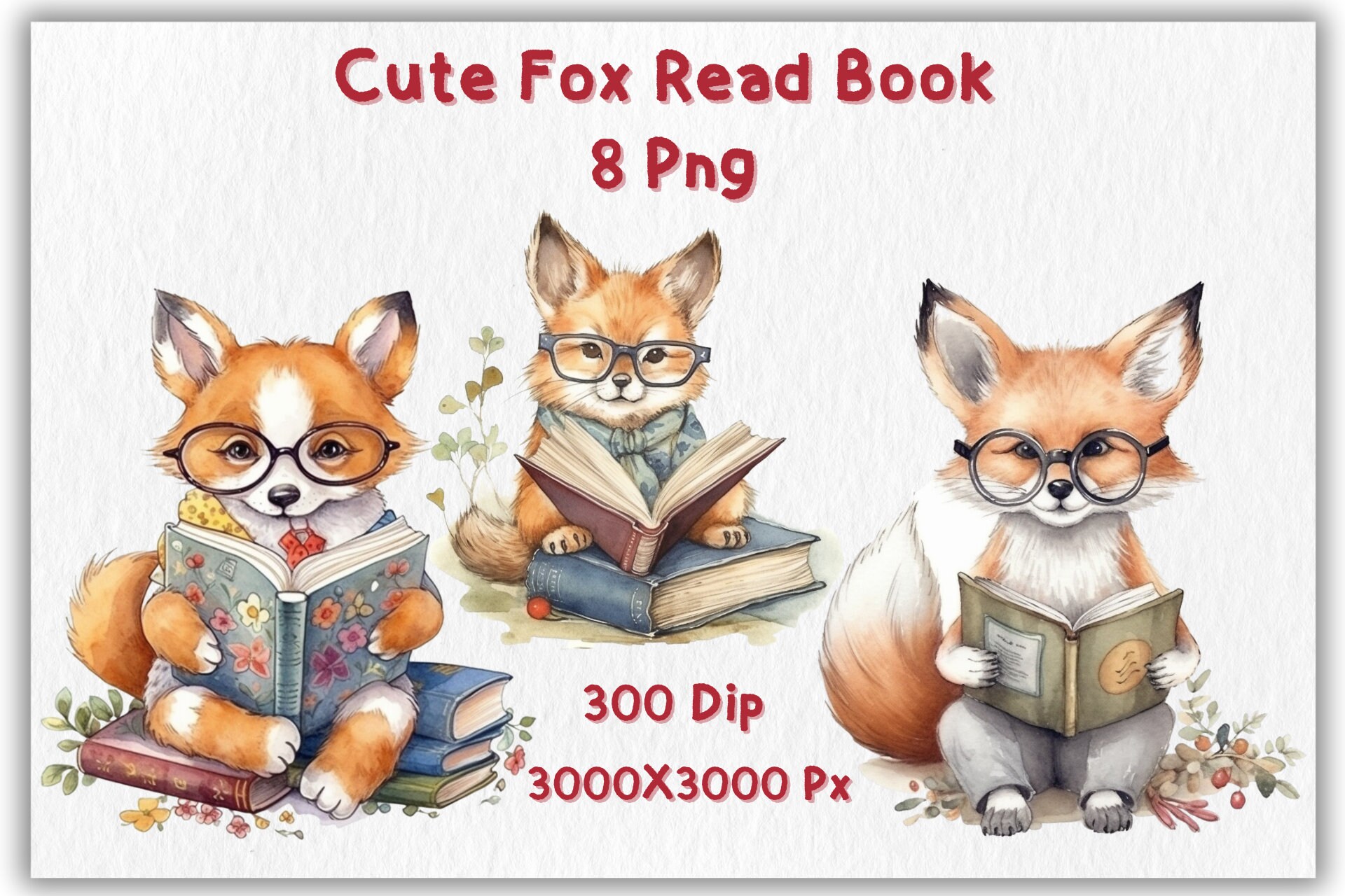 Cute Fox Read Book Clipartfox Watercolor Clipart Watercolor - Etsy
