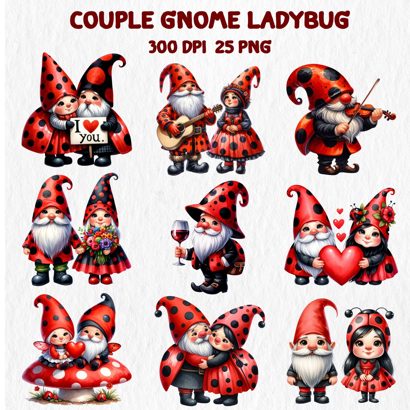 Couple Gnome Ladybug Clipart, Ladybug Valentine,couple Valentine,gnome ...