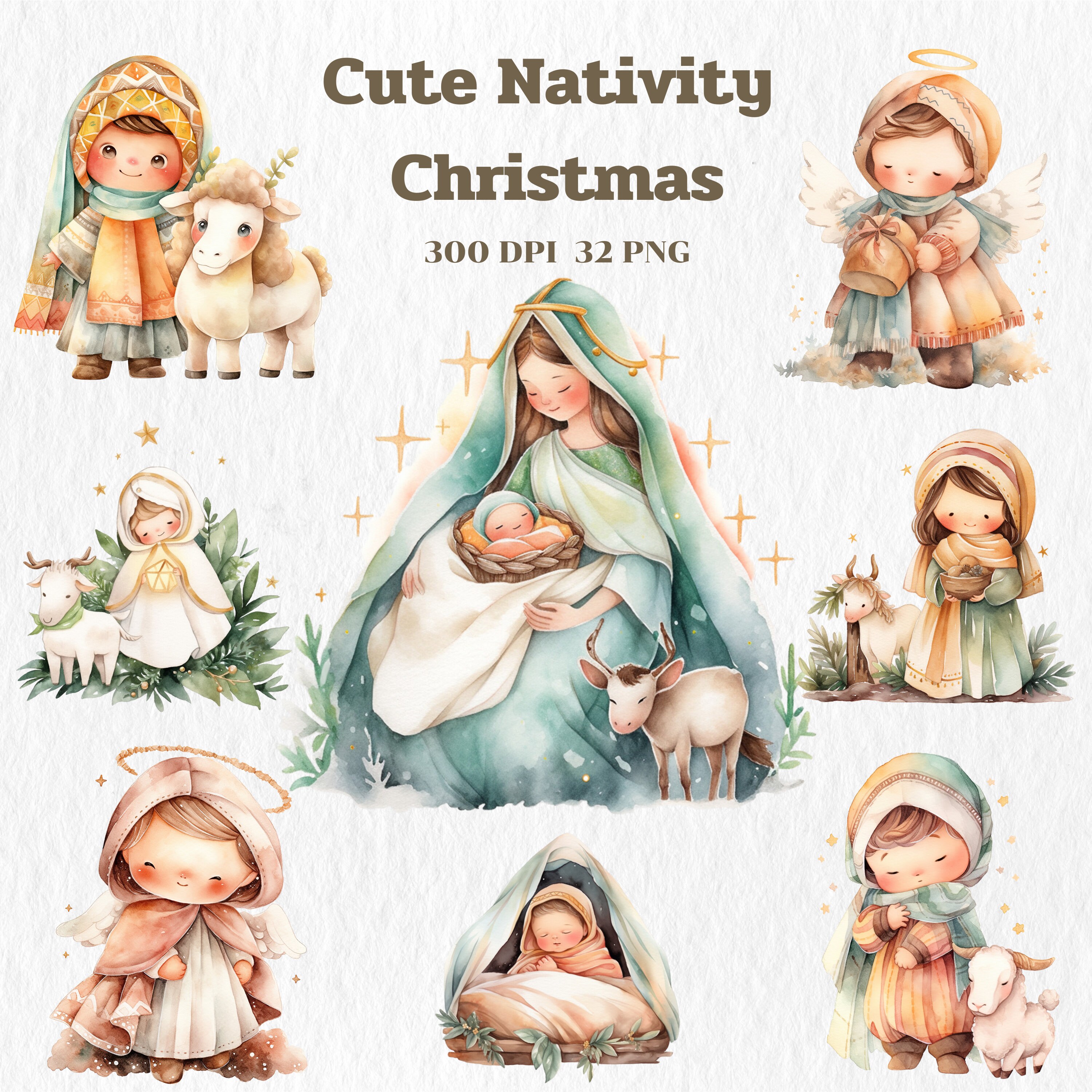 Cute Nativity Christian Christmas Clipart,watercolor Nativity Scene ...