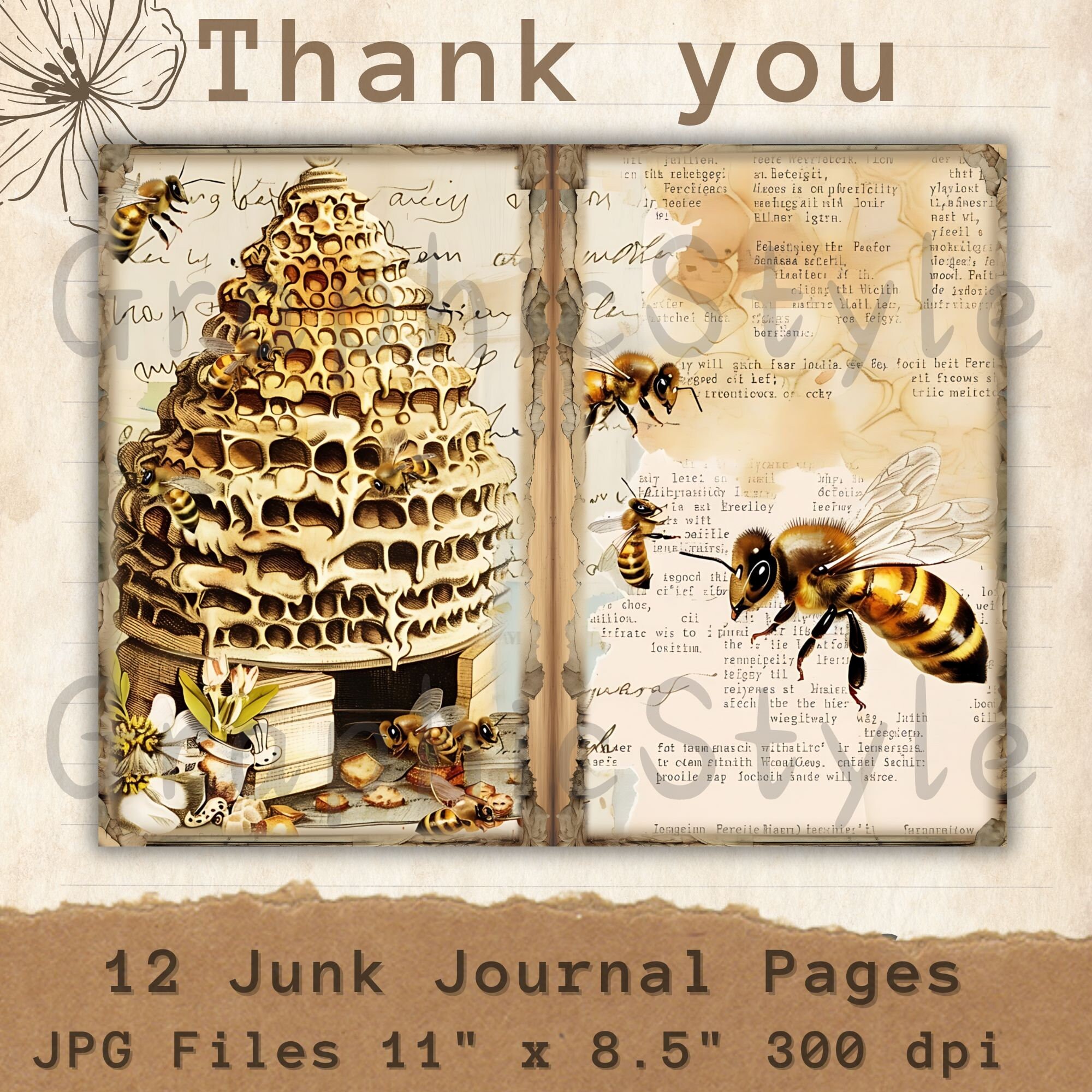 Vintage Watercolor Bee Junk Journal/bee Junk Journal Paper/honey Bee ...