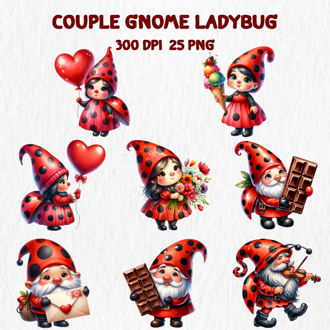 Couple Gnome Ladybug Clipart, Ladybug Valentine,couple Valentine,gnome ...