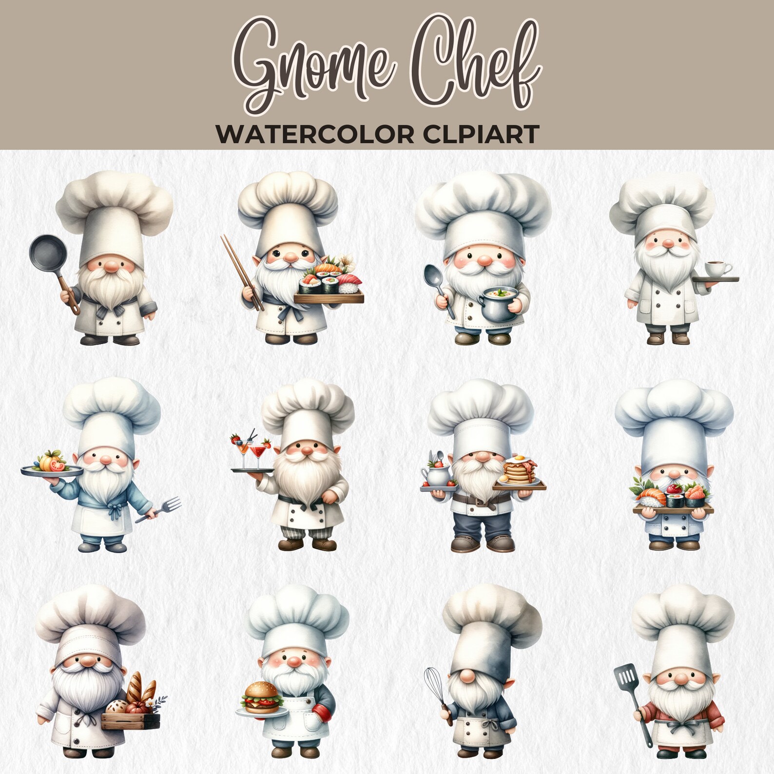 Cute Gnome Chefs Watercolor Clipart,food Bloggers, Menu Sublimation Png ...