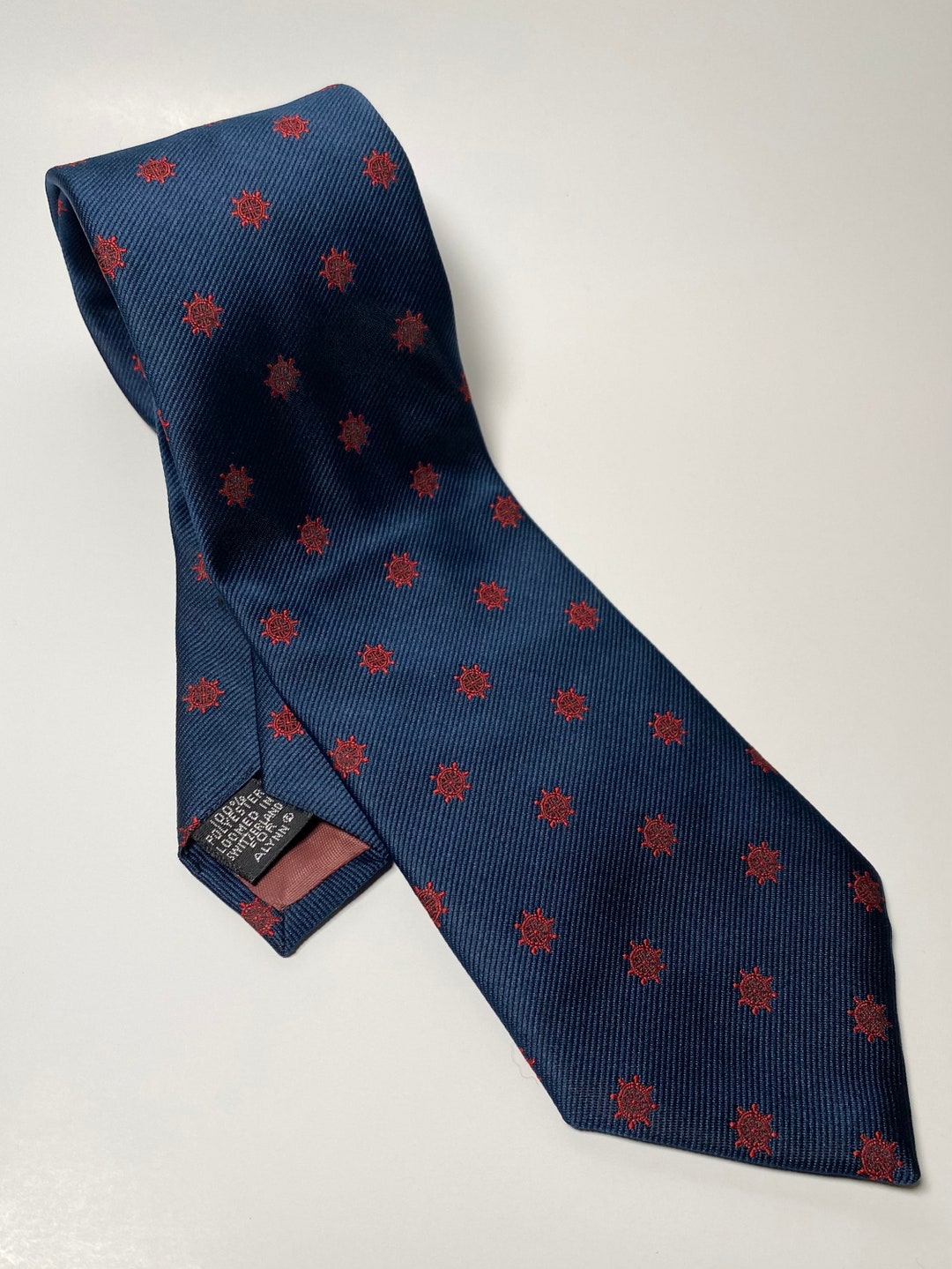 80s Ship Wheel Embroidered Nautical Necktie Vintage Dark Blue and Red ...