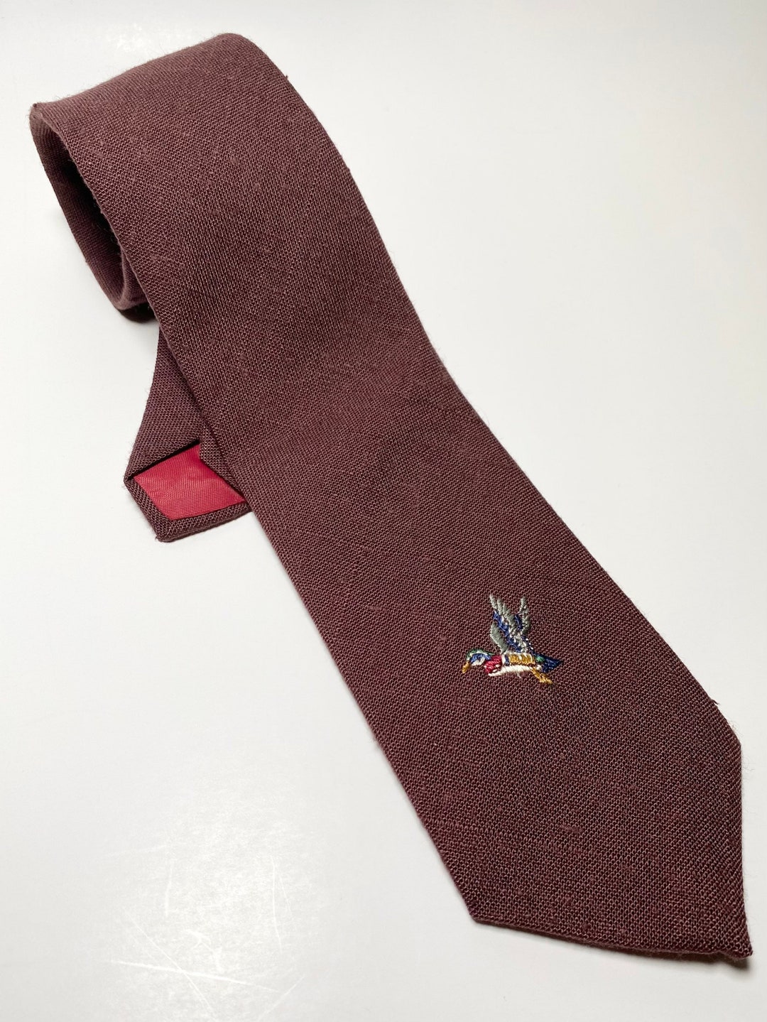 70s Mallard Duck Embroidered Tie Vintage Brown Bird Embroidery Wide Tie ...