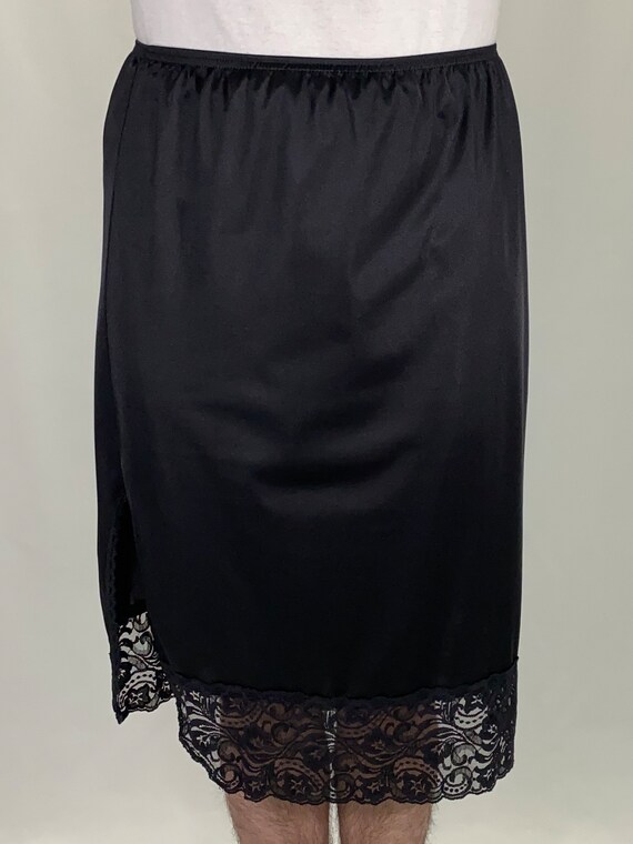 70s Black Lace Half Slip with Side Slit - Knee Length… - Gem