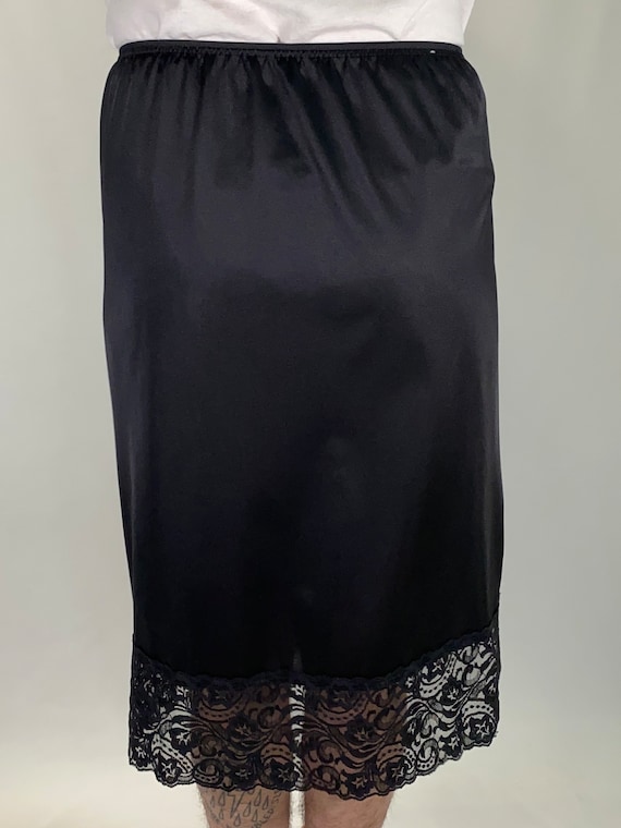 70s Black Lace Half Slip with Side Slit - Knee Length… - Gem