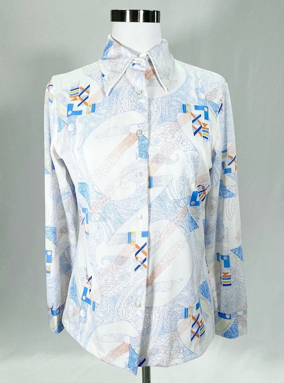 70s Mod White and Blue Geometric Pattern Long Sleeve … - Gem