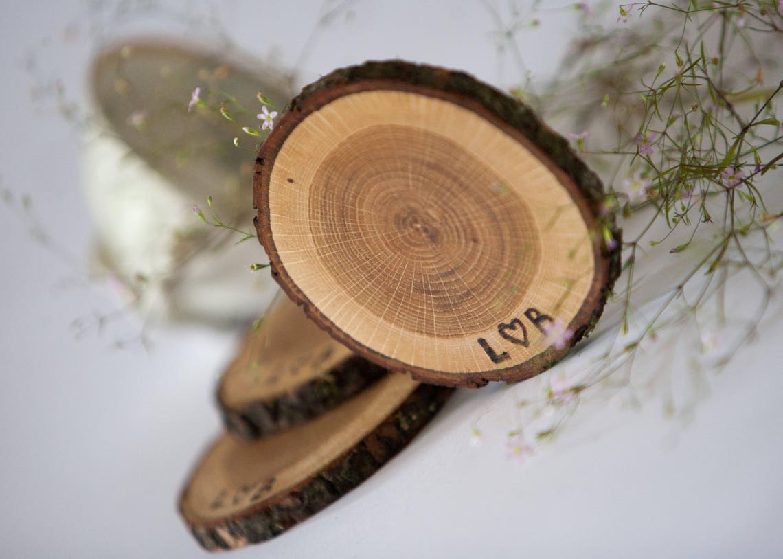 20 Oak Wood Coasters 3"- 4" , Rustic Wedding Decors, Wood Slice With ...