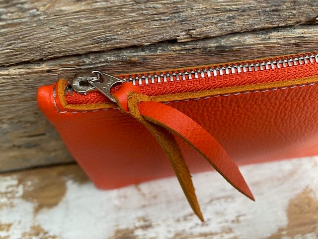 Leather Zipper Pouch / Orange Leather Bag / Zipper Pouch / Gift for ...