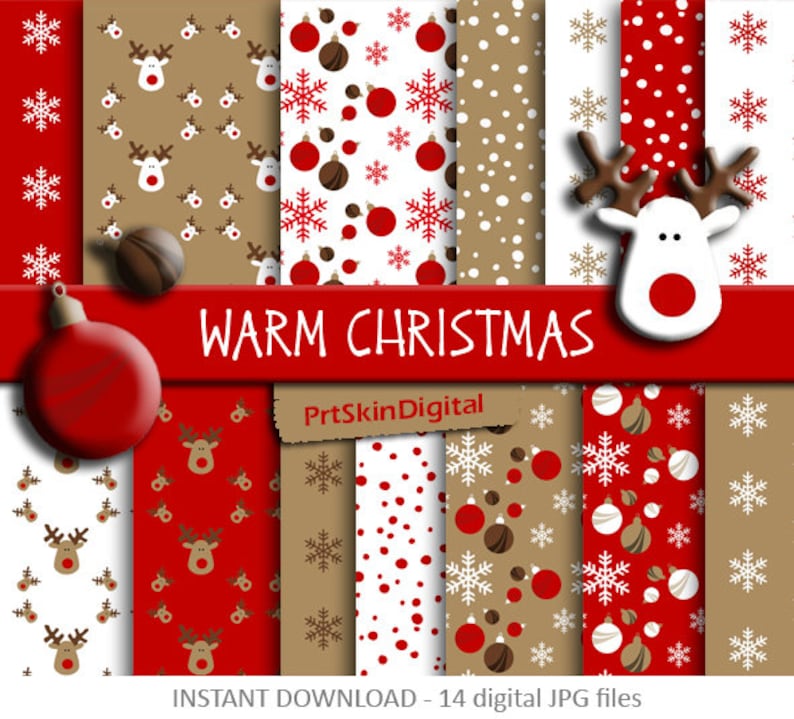 Christmas Digital Paper "warm Christmas" in Red White & Brown, Reindeer ...