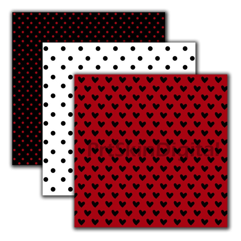 Heart Digital Paper, Polka Dot Digital Paper hearts & Dots, Red Digital ...