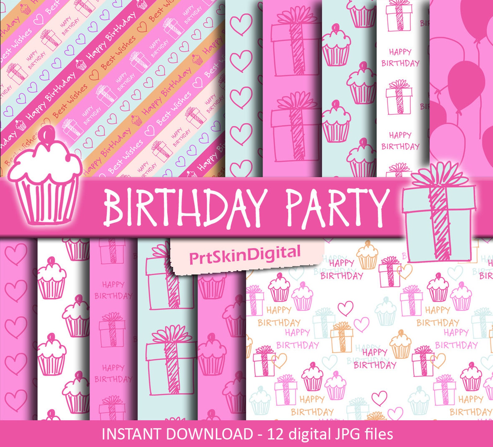 Birthday Digital Paper Birthday Party Balloons Gifts - Etsy