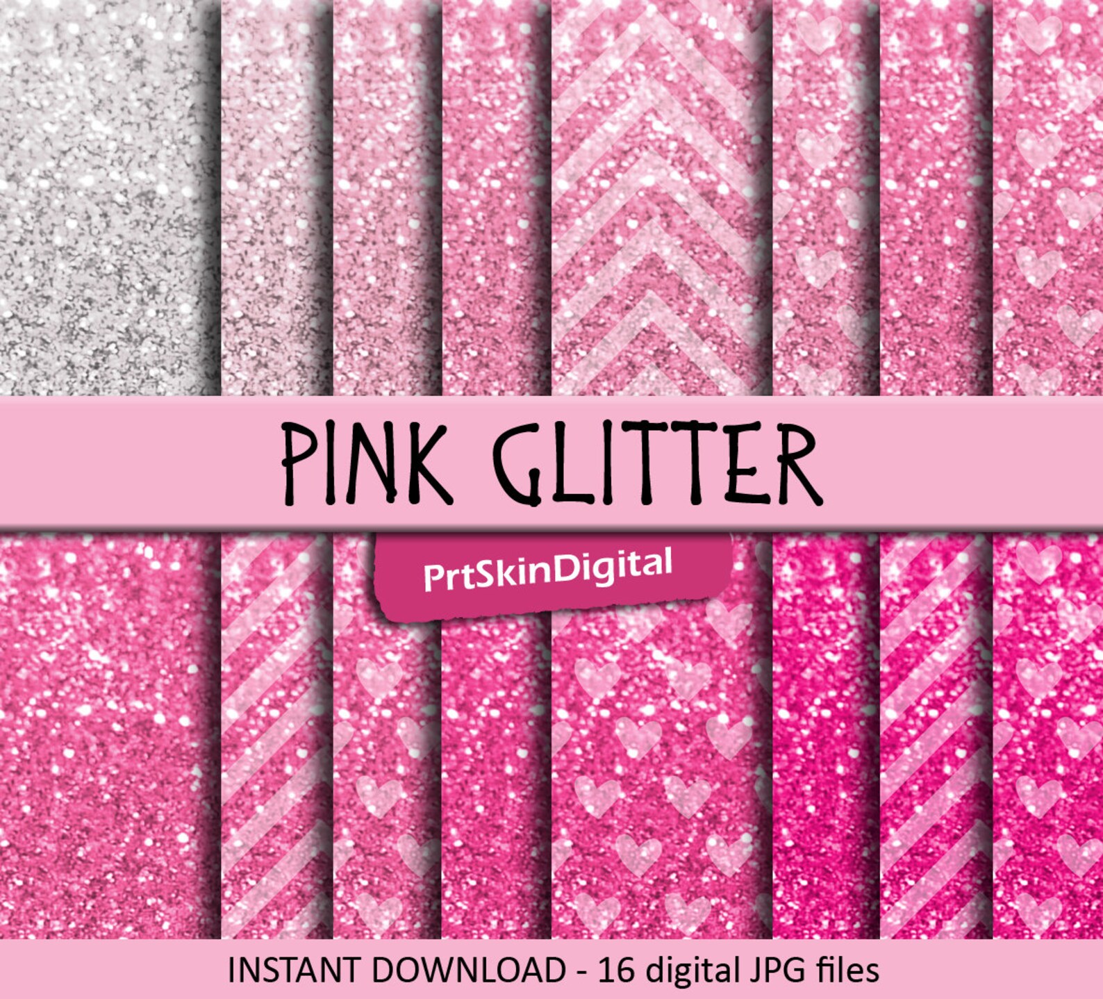 Pink Glitter Digital Paper Pack With Chevron Stripes and Hearts ...